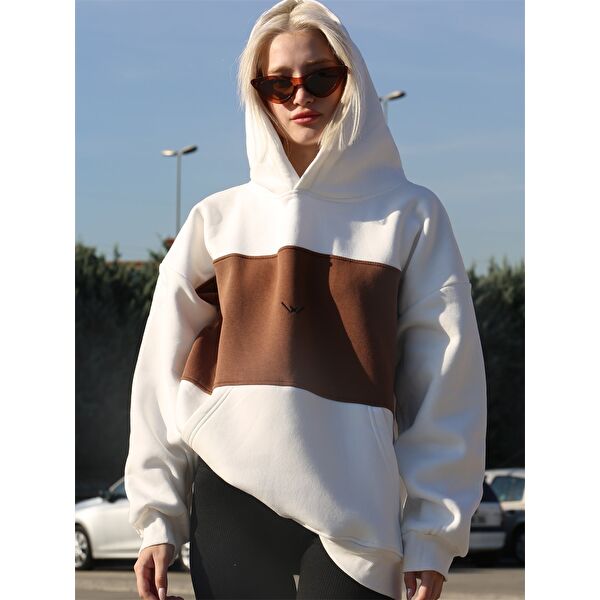 Kapüşonlu Renk Bloklu Uzun Kollu Oversize Kadın Sweatshirt Kapüşonlu Renk Bloklu Uzun Kollu Oversize Kadın Sweatshirt