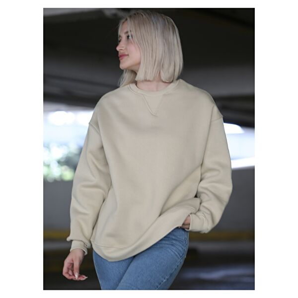 Bisiklet Yaka Düz Uzun Kollu Oversize Kadın Sweatshirt Bisiklet Yaka Düz Uzun Kollu Oversize Kadın Sweatshirt