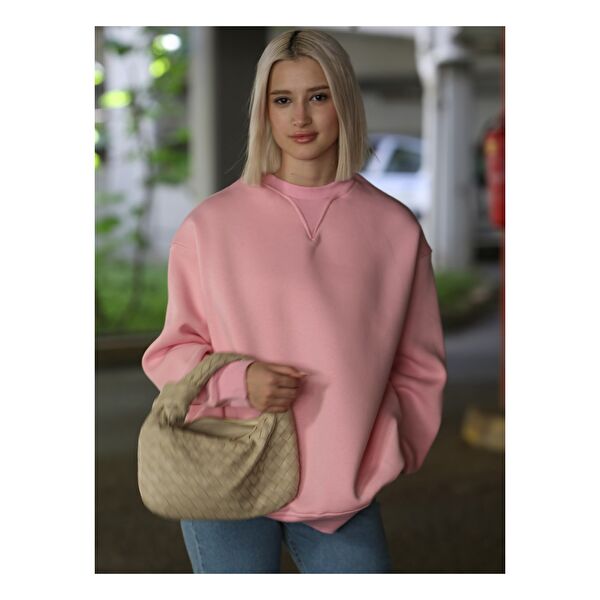 Bisiklet Yaka Düz Uzun Kollu Oversize Kadın Sweatshirt