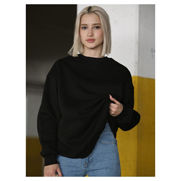 Bisiklet Yaka Düz Uzun Kollu Oversize Kadın Sweatshirt