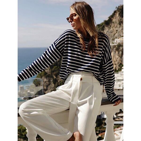 Bisiklet Yaka Çizgili Uzun Kollu Kadın Sweatshirt