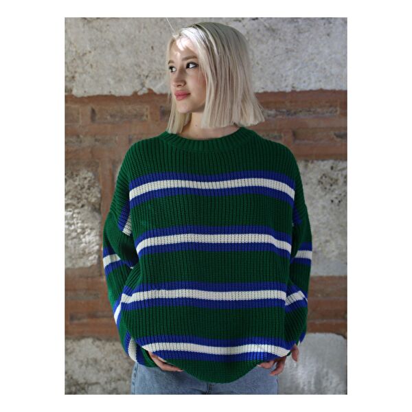 Bisiklet Yaka Çizgili Uzun Kollu Kadın Triko Kazak