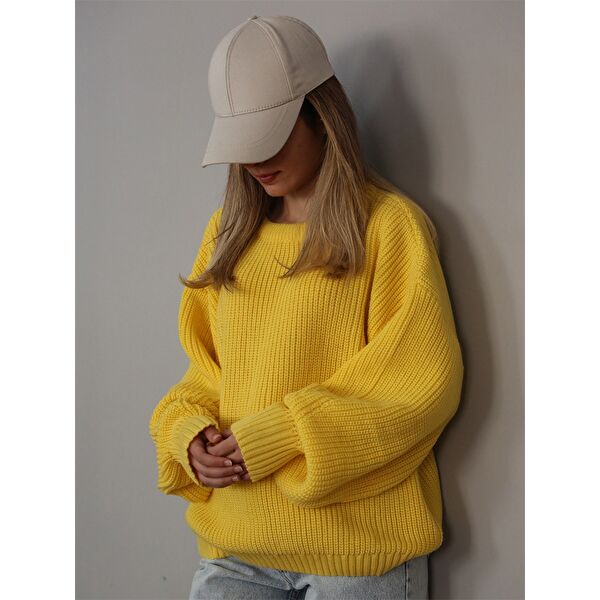 Bisiklet Yaka Düz Uzun Kollu Oversize Kadın Kazak