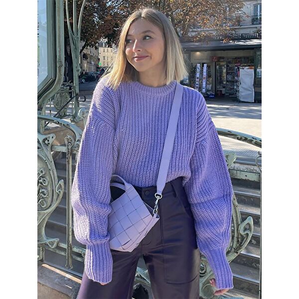 Bisiklet Yaka Düz Uzun Kollu Oversize Kadın Kazak