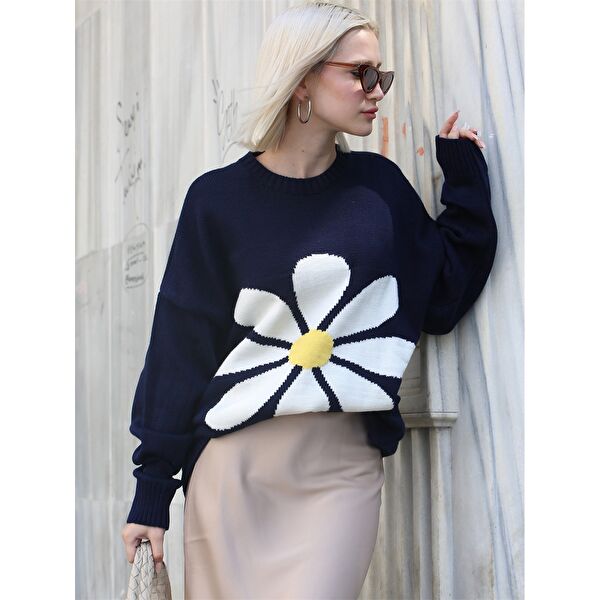 Bisiklet Yaka Baskılı Uzun Kollu Oversize Kadın Triko Kazak