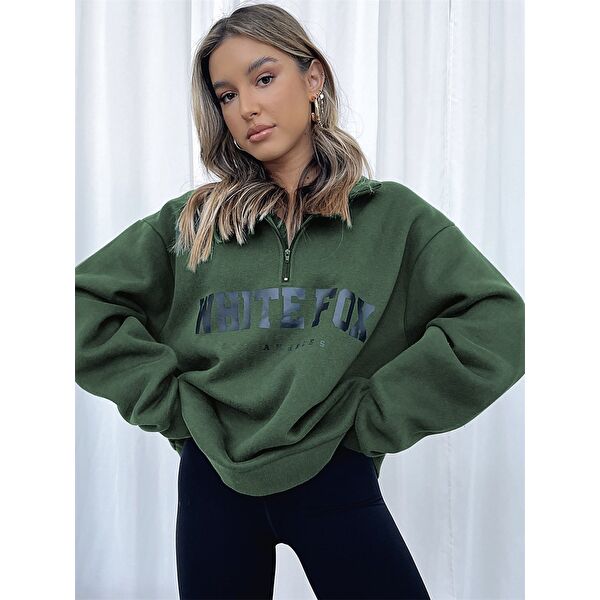 Dik Yaka Düz Uzun Kollu Oversize Kadın Sweatshirt