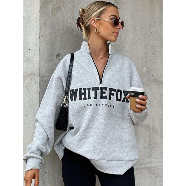 Dik Yaka Düz Uzun Kollu Oversize Kadın Sweatshirt