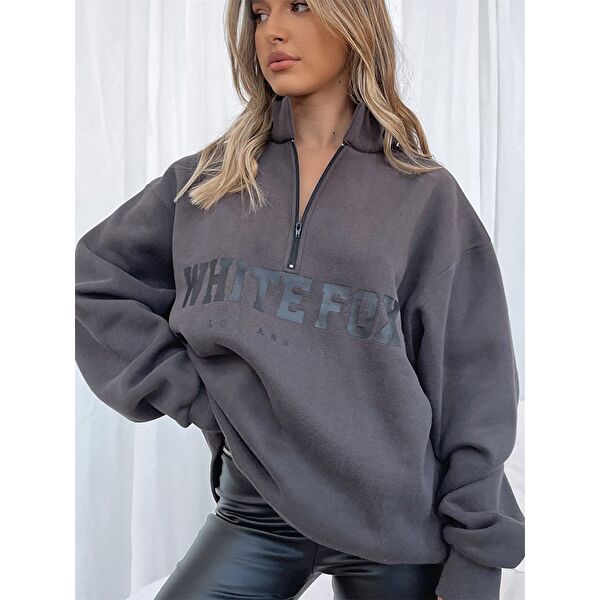 Dik Yaka Düz Uzun Kollu Oversize Kadın Sweatshirt