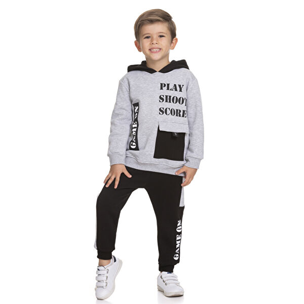 Kapüşonlu Uzun Kollu Baskılı Erkek Bebek Sweatshirt ve Eşofman Alt 2'li Takım Kapüşonlu Uzun Kollu Baskılı Erkek Bebek Sweatshirt ve Eşofman Alt 2'li Takım