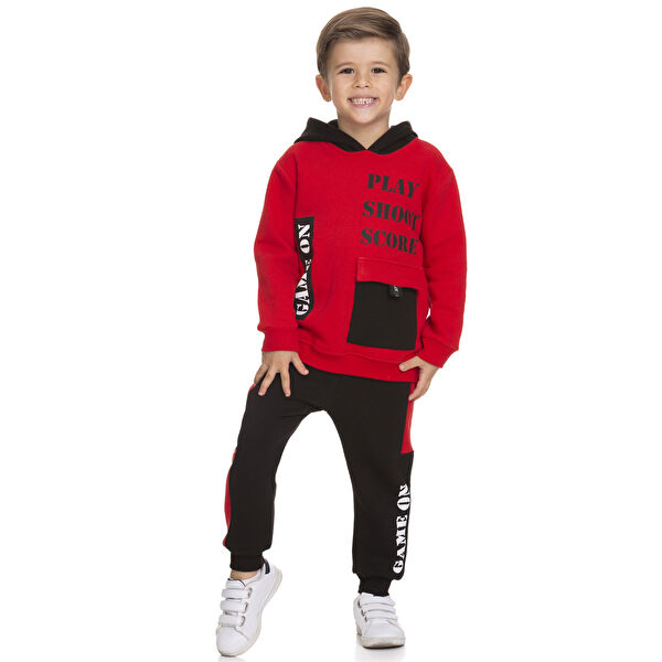 Kapüşonlu Uzun Kollu Baskılı Erkek Bebek Sweatshirt ve Eşofman Alt 2'li Takım Kapüşonlu Uzun Kollu Baskılı Erkek Bebek Sweatshirt ve Eşofman Alt 2'li Takım