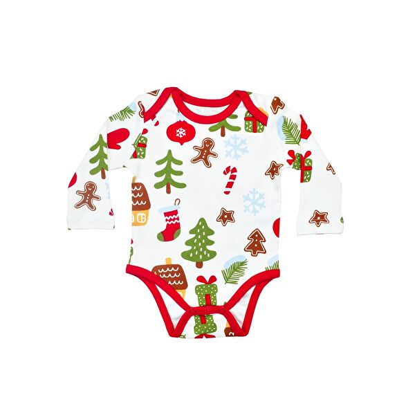 Bisiklet Yaka Uzun Kollu Yılbaşı Temalı Kız Bebek Çıtçıtlı Body