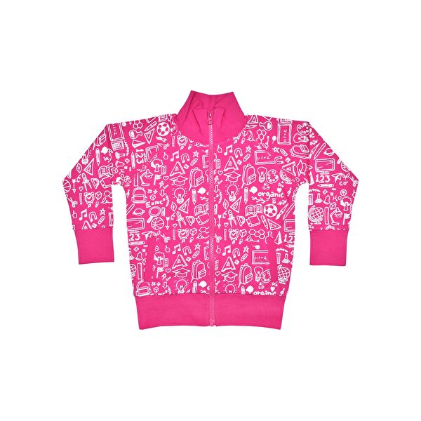 Dik Yaka Baskılı Uzun Kollu Kız Çocuk Fermuarlı Sweatshirt