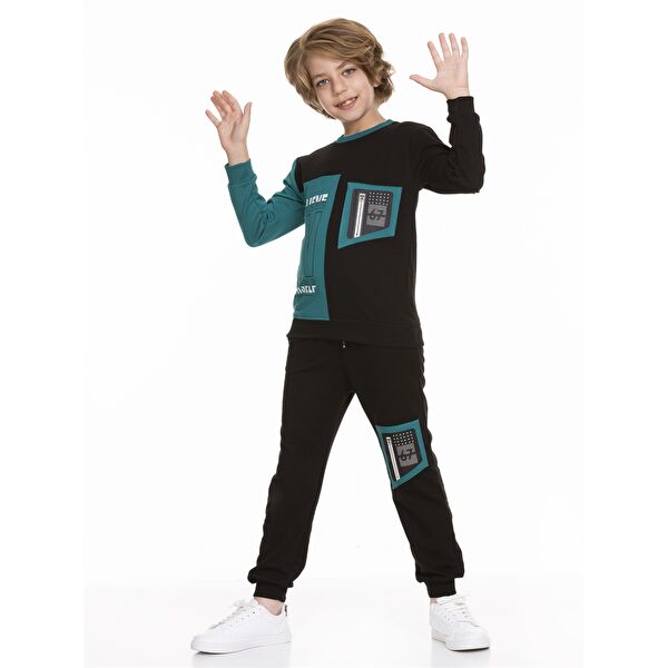 Bisiklet Yaka Baskılı Uzun Kollu Erkek Çocuk Sweatshirt ve Eşofman Altı