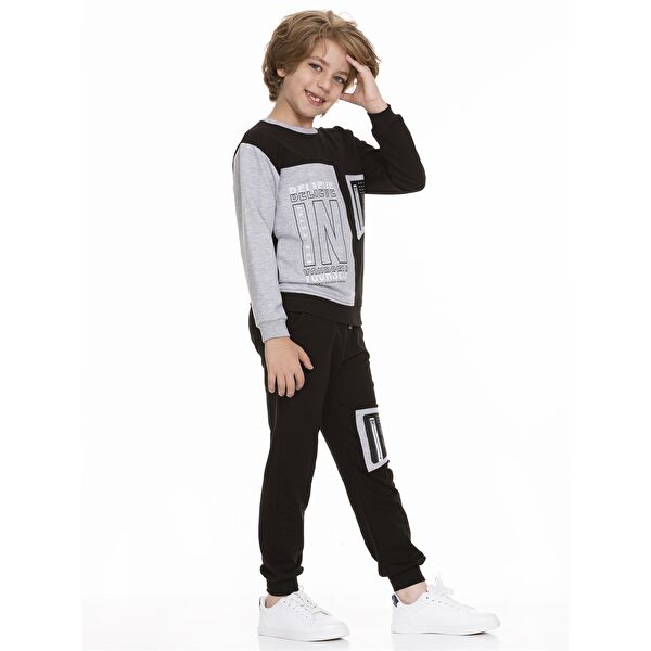 Bisiklet Yaka Baskılı Uzun Kollu Erkek Çocuk Sweatshirt ve Eşofman Altı