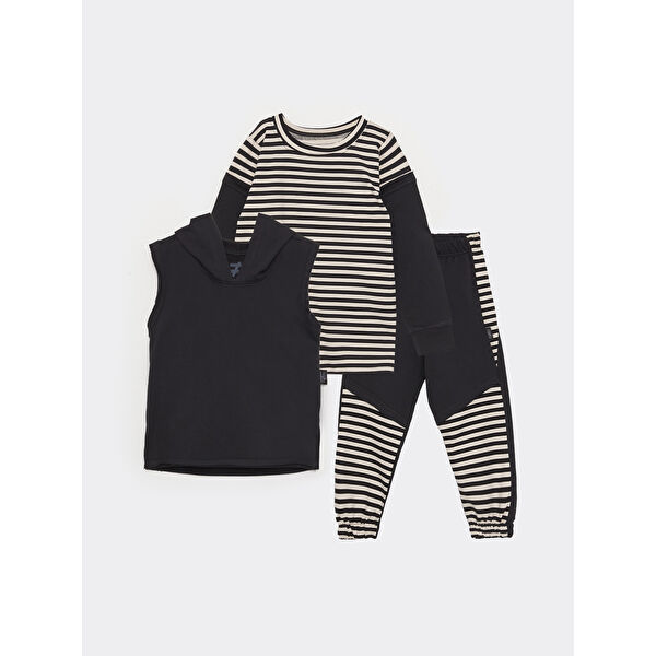 Kapüşonlu Çizgili Uzun Kollu Erkek Çocuk Sweatshirt ve Eşofman Altı Kapüşonlu Çizgili Uzun Kollu Erkek Çocuk Sweatshirt ve Eşofman Altı