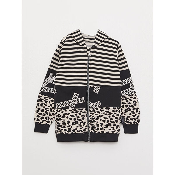 Kapüşonlu Baskılı Uzun Kollu Erkek Çocuk Fermuarlı Sweatshirt