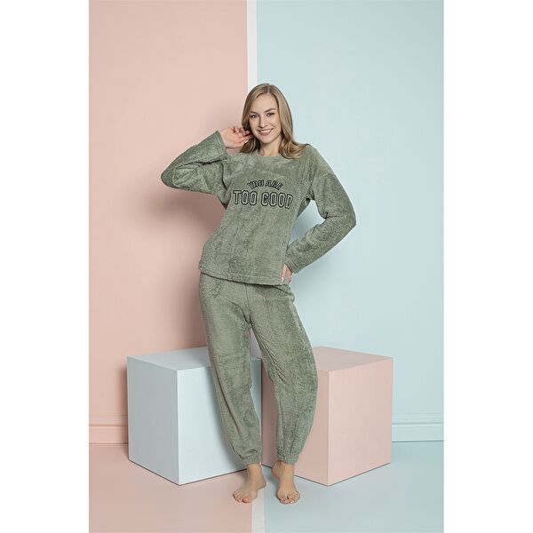 Bisiklet Yaka Baskılı Uzun Kollu Pelüş Kadın Pijama Takımı