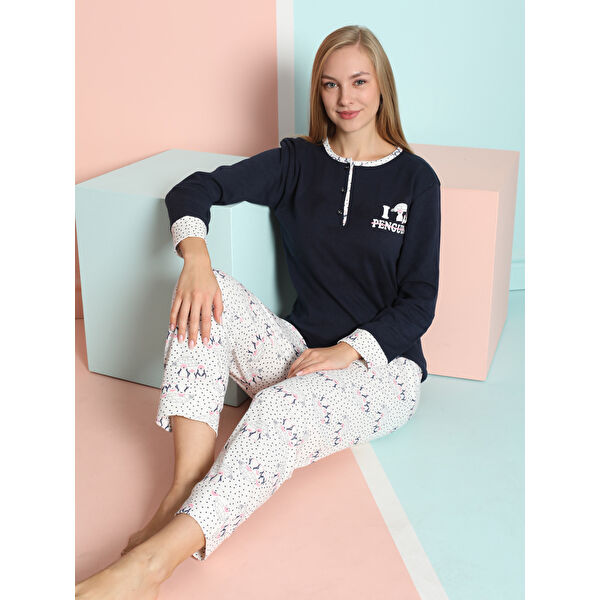 Bisiklet Yaka Baskılı Uzun Kollu Kadın Pijama Takımı