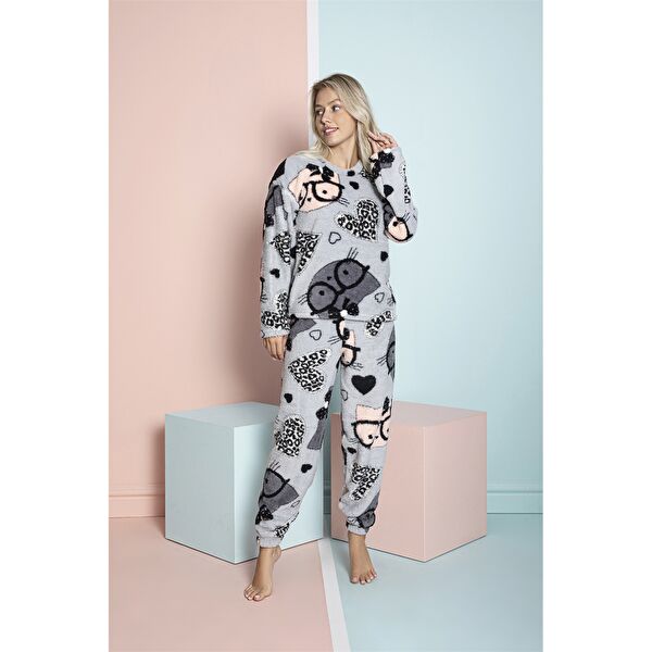 Bisiklet Yaka Desenli Uzun Kollu Pelüş Kadın Pijama Takımı