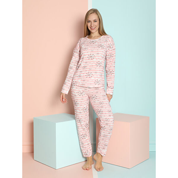 Bisiklet Yaka Desenli Uzun Kollu Kadın Pijama Takımı