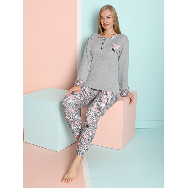 Bisiklet Yaka Baskılı Uzun Kollu Kadın Pijama Takımı