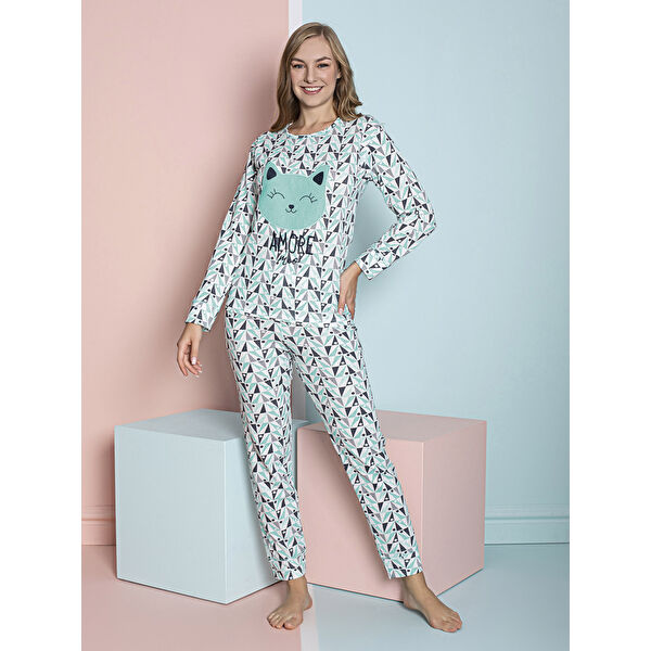 Bisiklet Yaka Baskılı Uzun Kollu Kadın Pijama Takımı