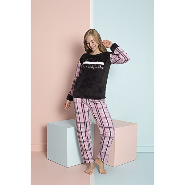 Bisiklet Yaka Nakışlı Uzun Kollu Kadın Pijama Takımı