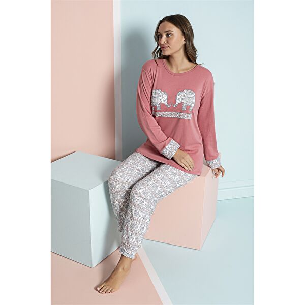 Bisiklet Yaka Baskılı Uzun Kollu Kadın Pijama Takımı