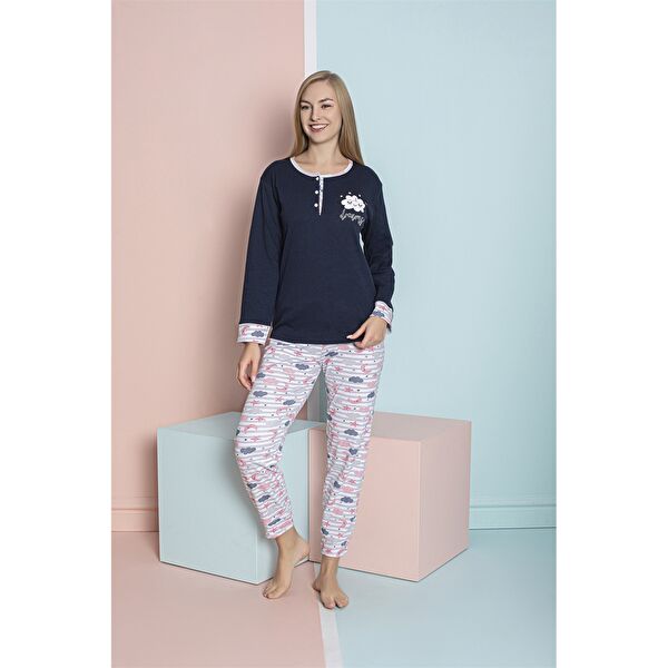 Bisiklet Yaka Baskılı Uzun Kollu Kadın Pijama Takımı