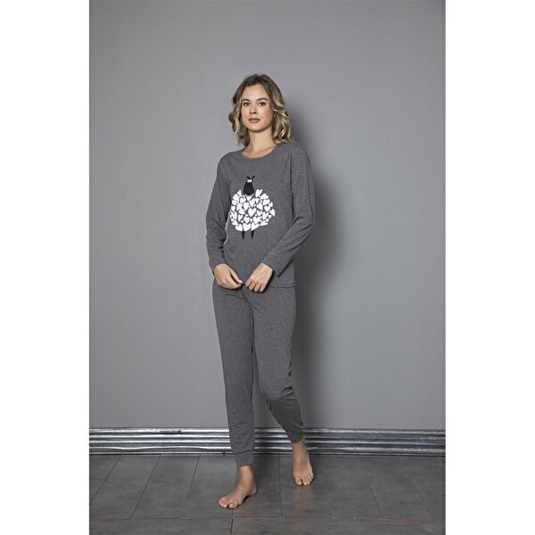 Bisiklet Yaka Baskılı Uzun Kollu Kadın Pijama Takımı