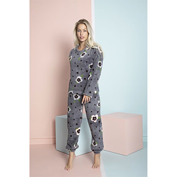 Bisiklet Yaka Desenli Uzun Kollu Pelüş Kadın Pijama Takımı
