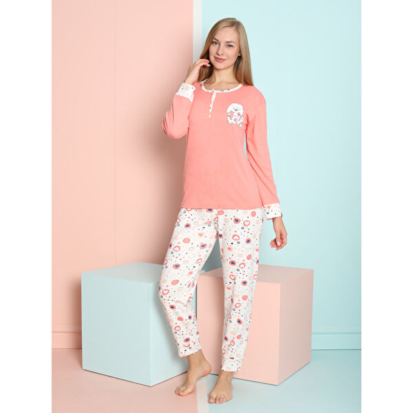 Bisiklet Yaka Baskılı Uzun Kollu Kadın Pijama Takımı