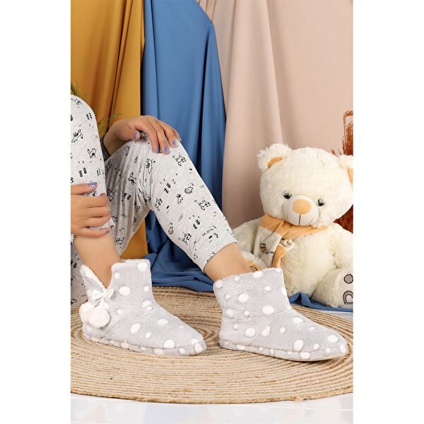 Ponpon Detaylı Desenli Kadın Ev Botu