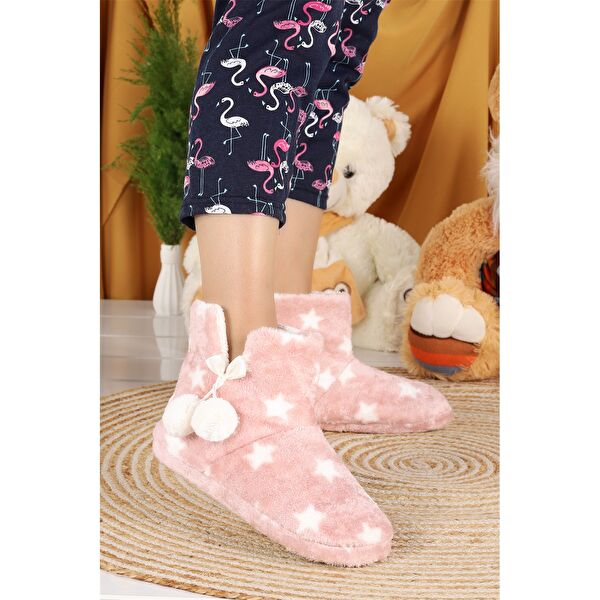 Ponpon Detaylı Desenli Kadın Ev Botu Ponpon Detaylı Desenli Kadın Ev Botu