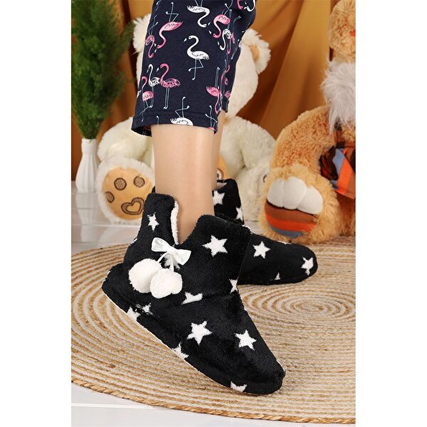 Ponpon Detaylı Desenli Kadın Ev Botu Ponpon Detaylı Desenli Kadın Ev Botu