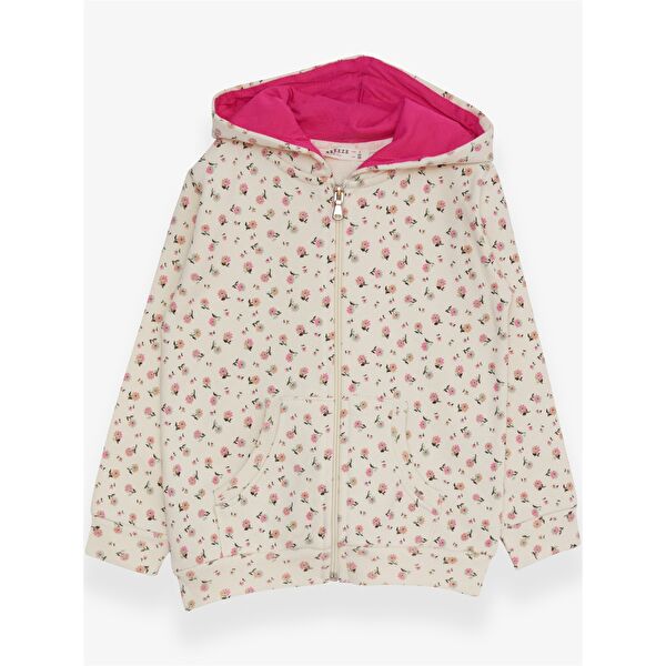 Kapüşonlu Uzun Kollu Baskılı Kız Bebek Fermuarlı Sweatshirt