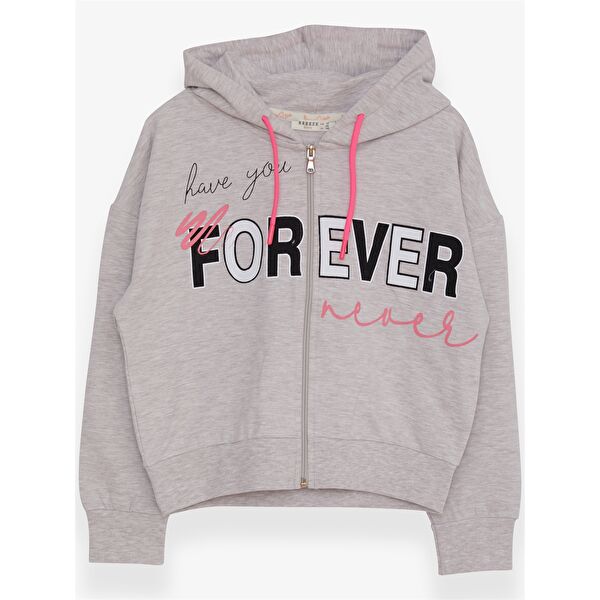 Kapüşonlu Baskılı Uzun Kollu Kız Çocuk Fermuarlı Sweatshirt