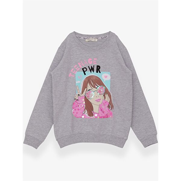 Bisiklet Yaka Baskılı Uzun Kollu Kız Çocuk Sweatshirt