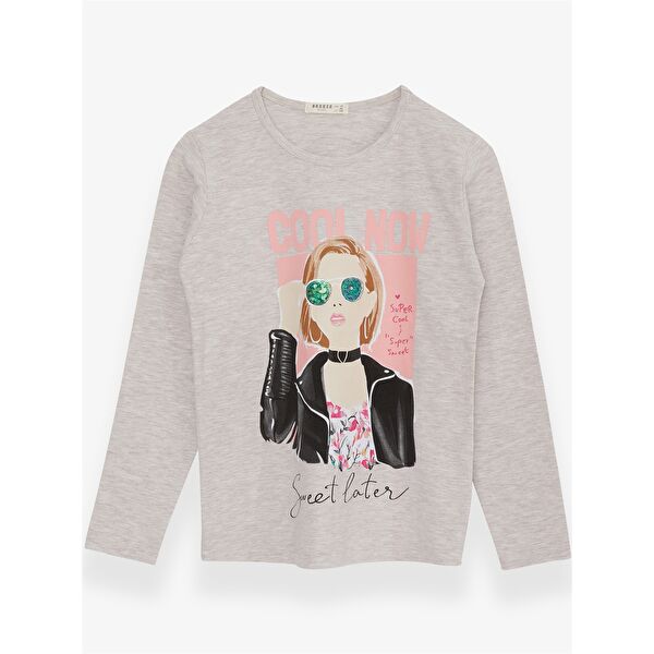 Bisiklet Yaka Baskılı Uzun Kollu Kız Çocuk Tişört