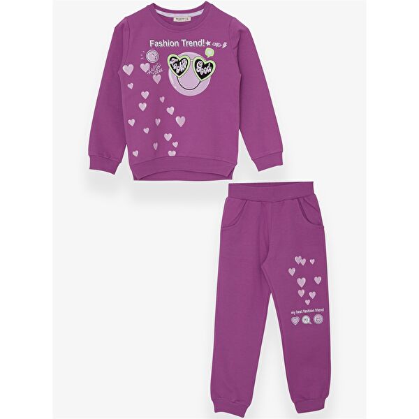 Bisiklet Yaka Baskılı Uzun Kollu Kız Çocuk Sweatshirt ve Eşofman Altı Bisiklet Yaka Baskılı Uzun Kollu Kız Çocuk Sweatshirt ve Eşofman Altı