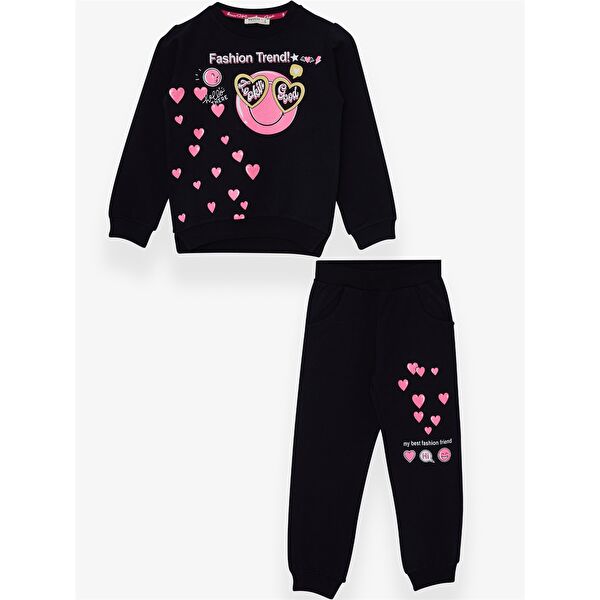 Bisiklet Yaka Baskılı Uzun Kollu Kız Çocuk Sweatshirt ve Eşofman Altı Bisiklet Yaka Baskılı Uzun Kollu Kız Çocuk Sweatshirt ve Eşofman Altı