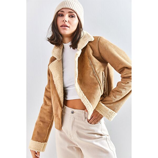 Biker Yaka Düz Uzun Kollu Süet Kadın Mont