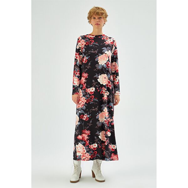 Bisiklet Yaka Çiçekli Uzun Kollu Kadın Elbise