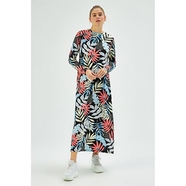 Bisiklet Yaka Çiçekli Uzun Kollu Kadın Elbise