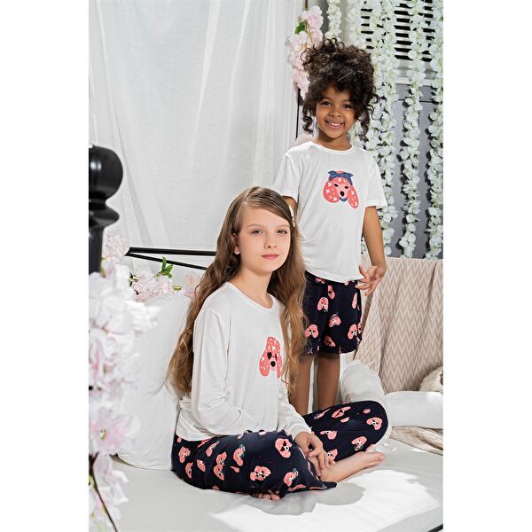 Bisiklet Yaka Baskılı Kız Çocuk Pijama Takımı 4'lü