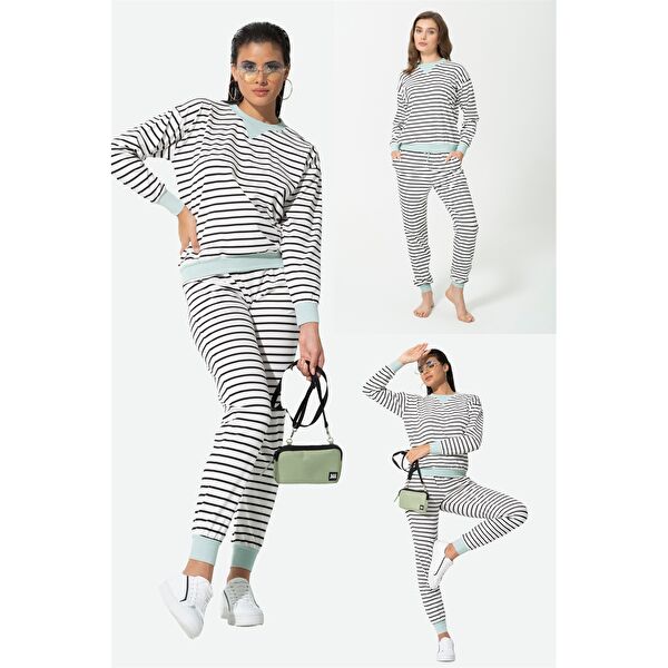 Bisiklet Yaka Çizgili Uzun Kollu Kadın Sweatshirt ve Eşofman Altı Takımı Bisiklet Yaka Çizgili Uzun Kollu Kadın Sweatshirt ve Eşofman Altı Takımı