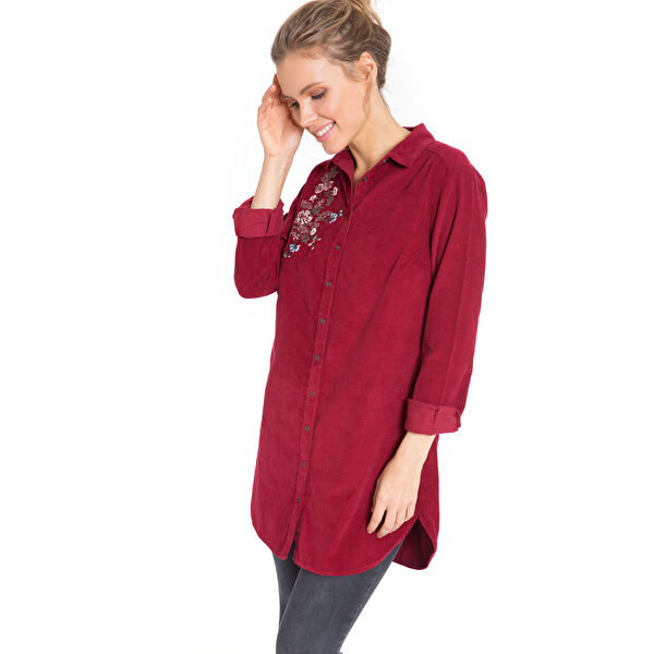 Yakası Çiçek Nakışlı Kadife Tunik