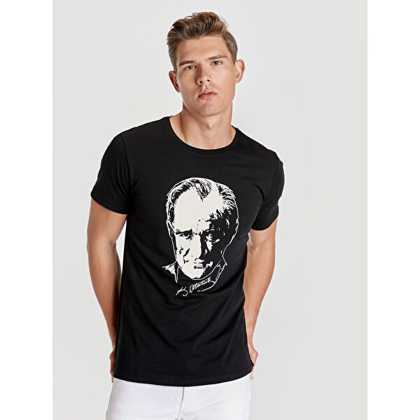 Bisiklet Yaka Kısa Kollu Atatürk Baskılı Penye Erkek Tişört