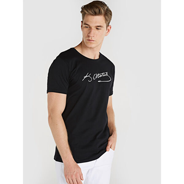 Bisiklet Yaka Kısa Kollu Atatürk İmzası Baskılı Erkek Tişört