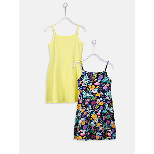 Kare Yaka Askılı Pamuklu Kız Çocuk Elbise 2'li